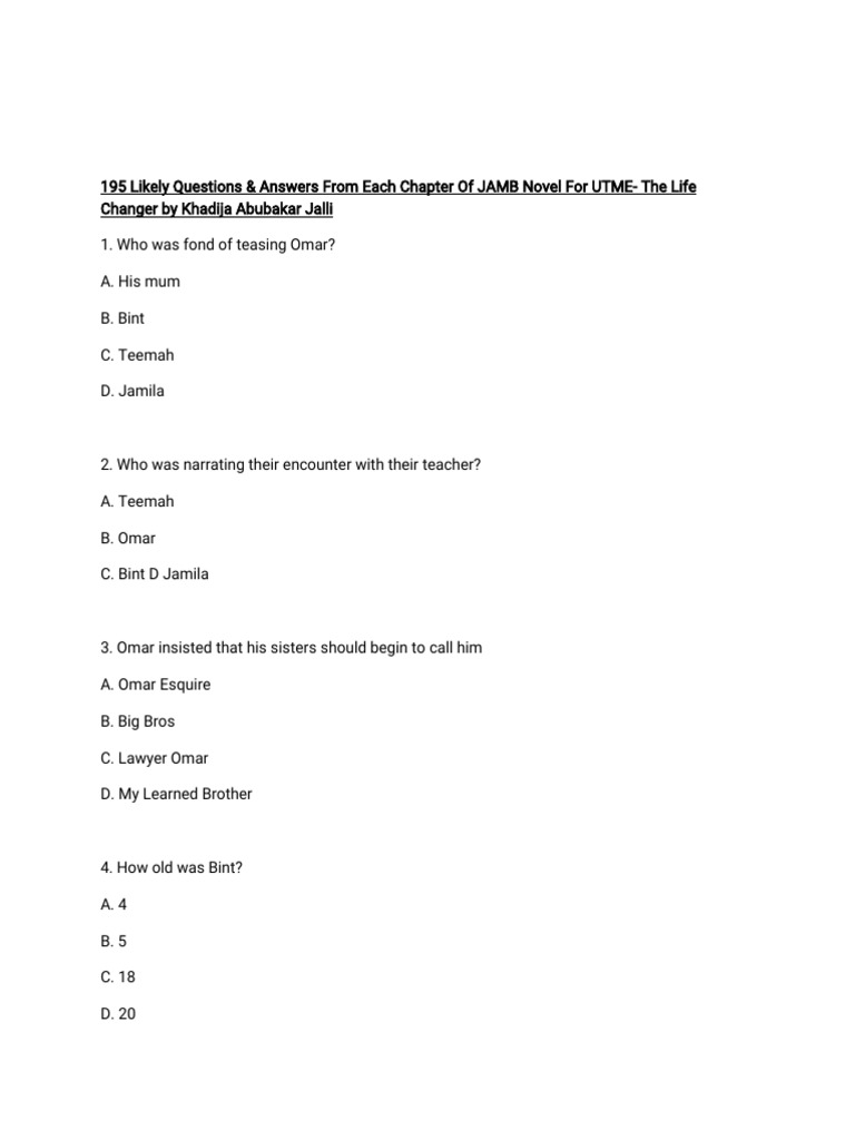 JAMB Novel Q&A: The Life Changer | PDF