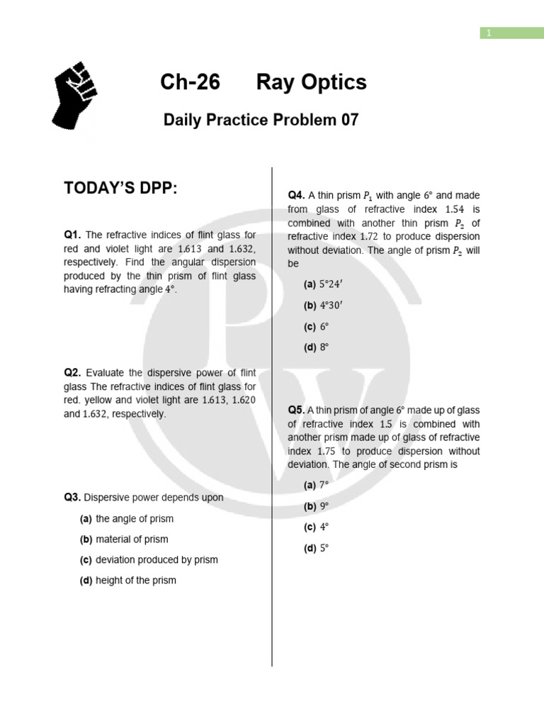 Ray Optics DPP 07(of lect 08) | PDF | Optics | Glass Engineering And Science