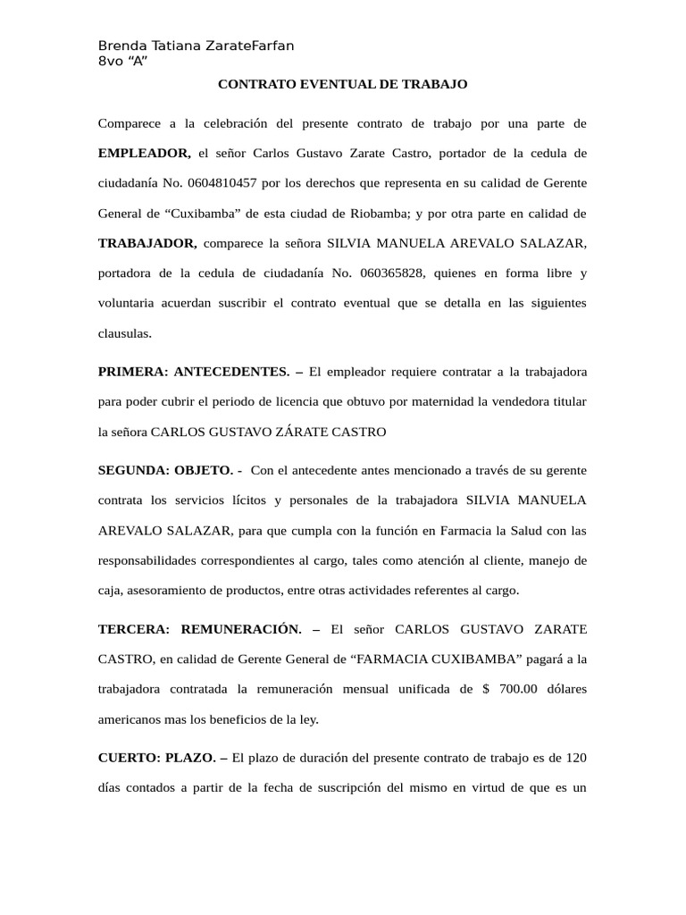 CONTRATO EVENTUAL DE TRABAJO Brenda | PDF | Derecho laboral | Justicia