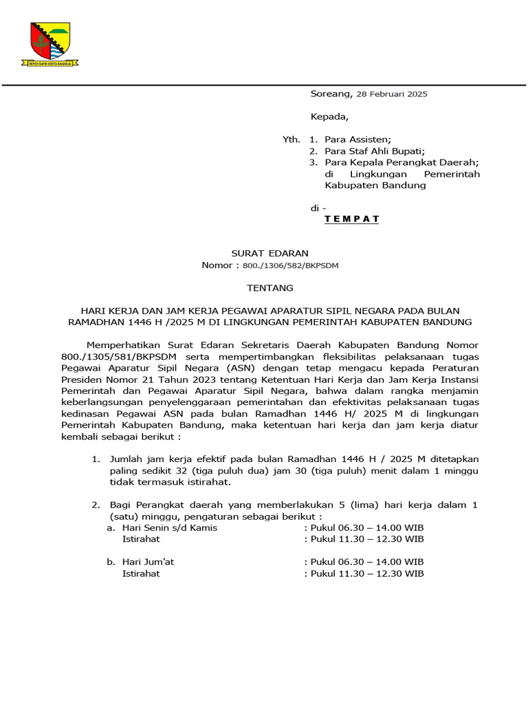 Surat Edaran Hari Dan Jam Kerja Pada Bulan Ramadhan 1446 Hijriah Di Lingkungan Pemkab Bandung ...