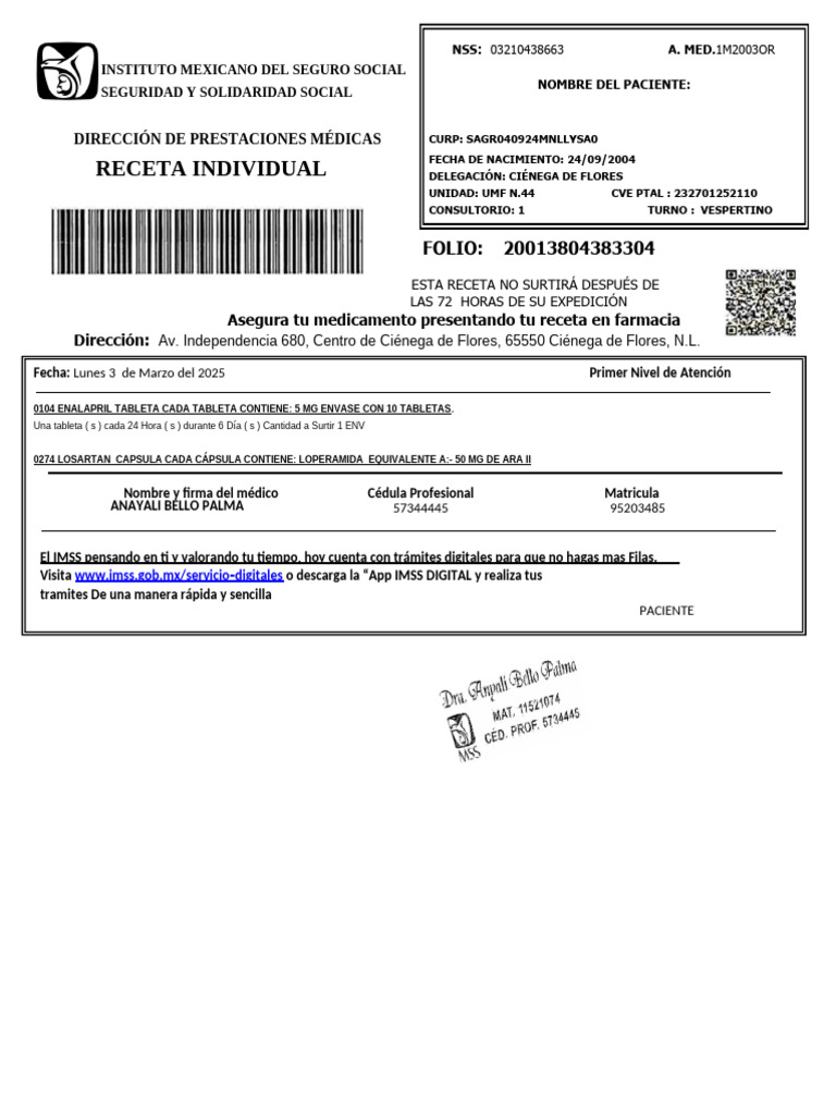 Receta Médica IMSS: Enalapril y Losartán | PDF | Ciencias de la Salud ...