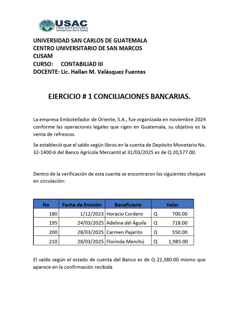Ejercicio# 1 Conciliaciones Bancarias | PDF | Bancos | Cheque