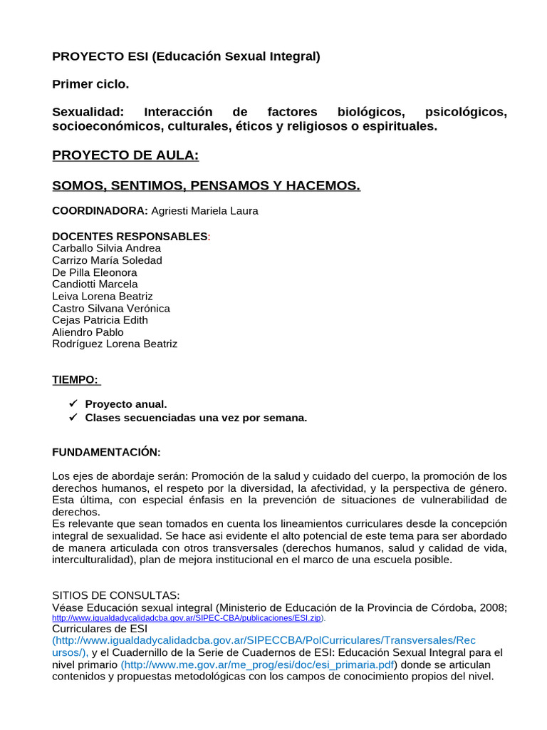 Proyecto ESI para Primer Ciclo Primaria | PDF | Familia | Educación sexual