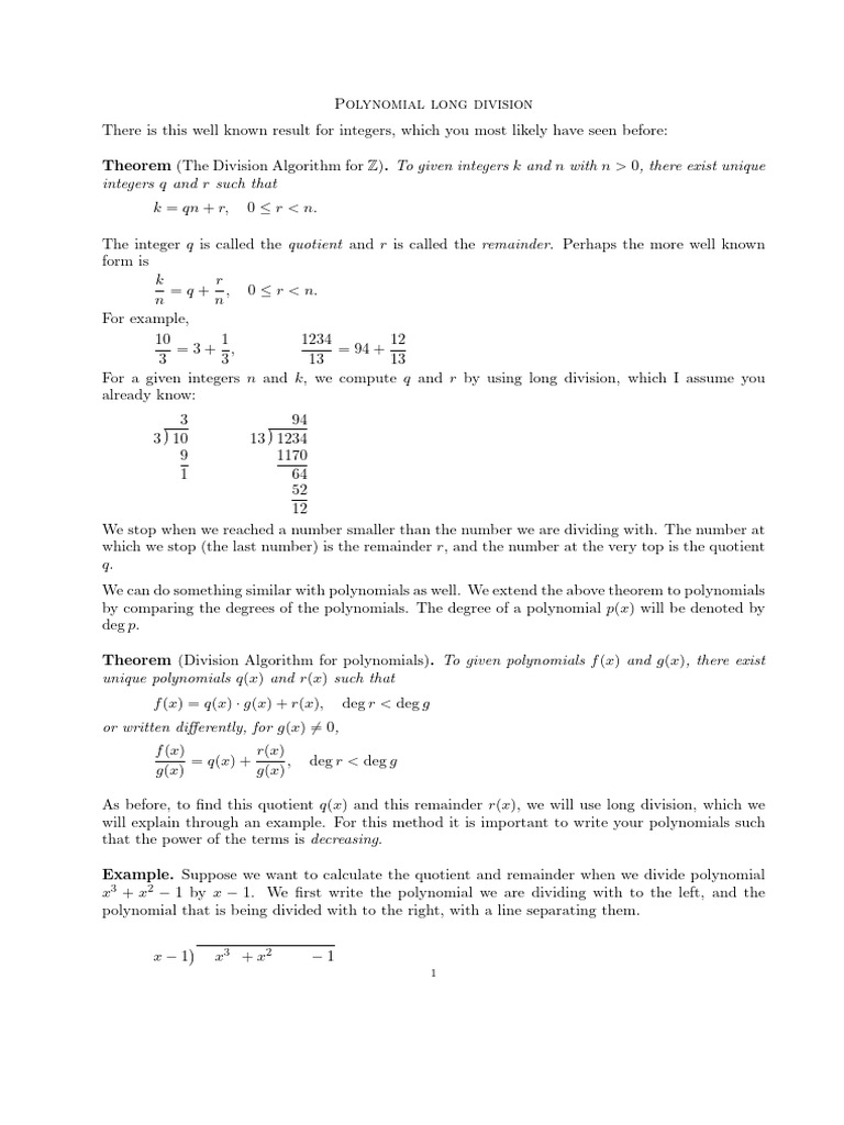 Polynomial Long Division | PDF | Polynomial | Algebra