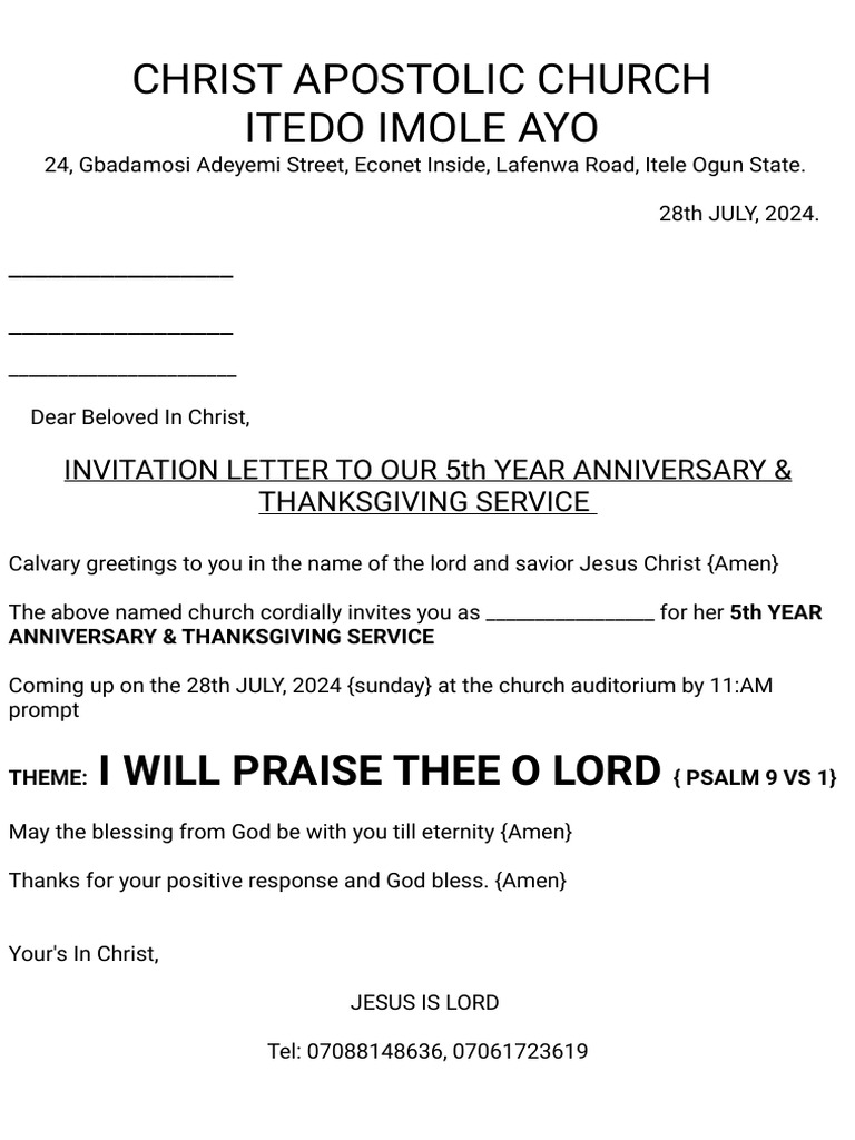 Church 5th Anniversary Invitation Letter | PDF
