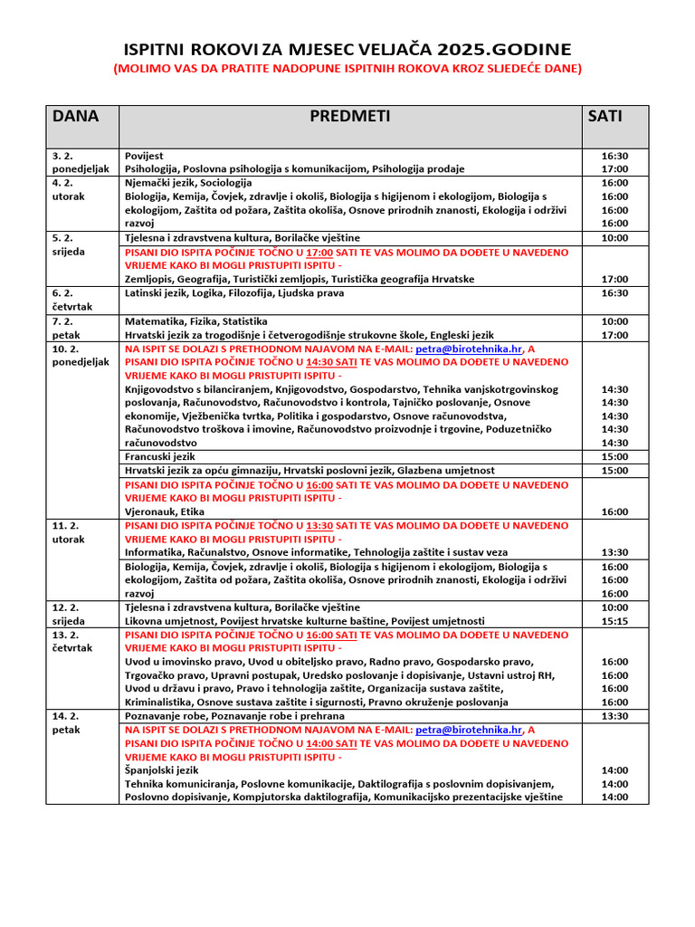 Ispitni Rokovi - Veljaca 2025 | PDF