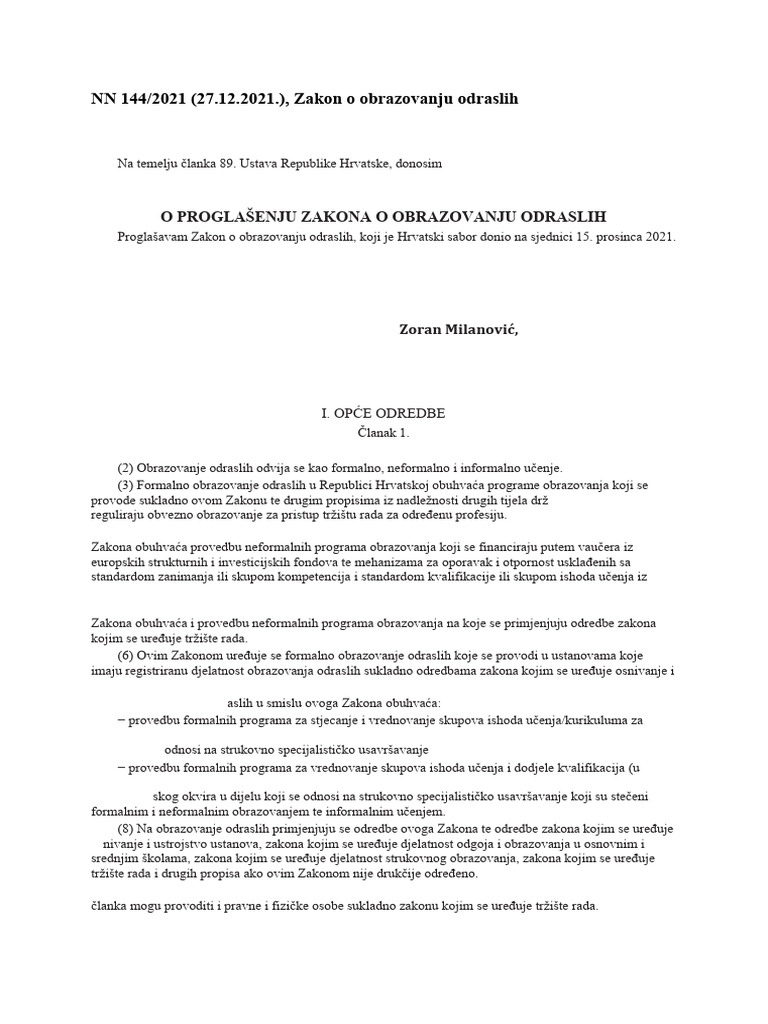 Zakon o Obrazovanju Odraslih 2021 | PDF