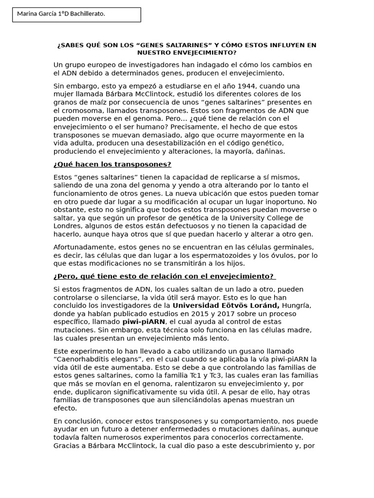 TRABAJO BIOLOGÍA Transposones | PDF | Elemento transponible | Gene