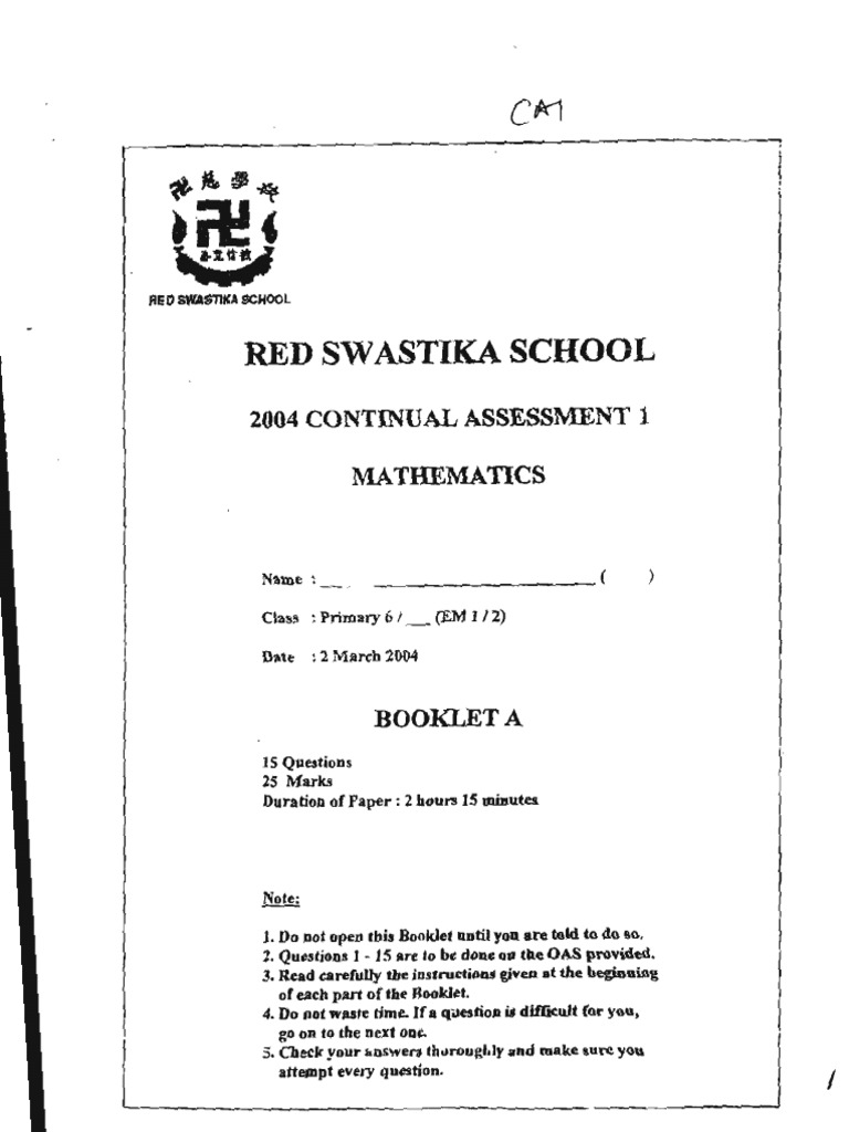 P6 Maths CA1 2004 Red Swastika | PDF