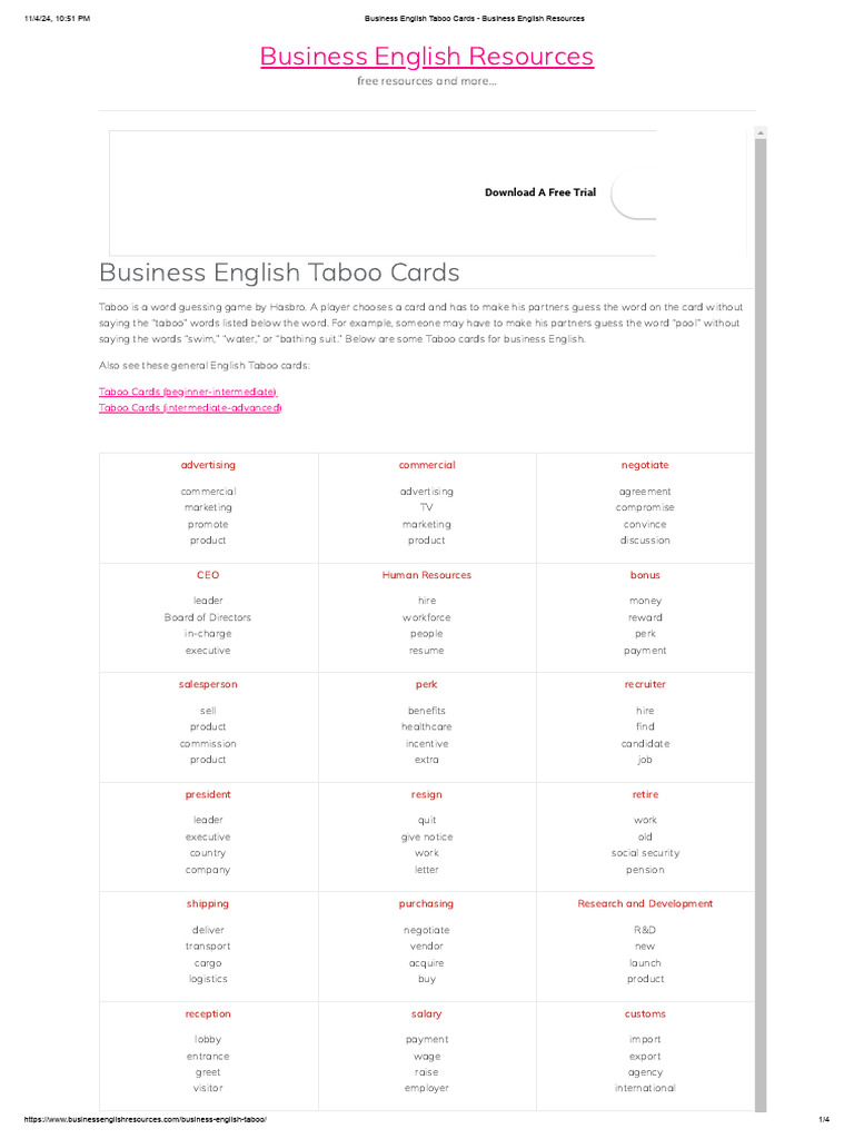 Business English Taboo Cards - Business English Resources | PDF ...