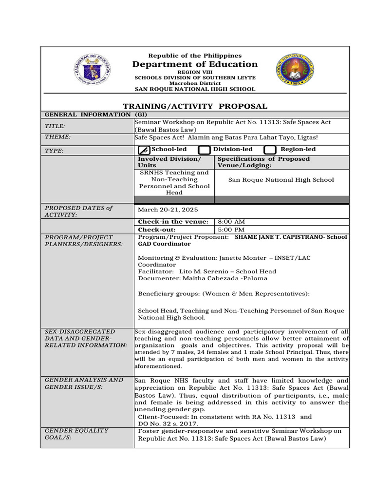 Gad Training Proposal Bawalbastoslaw 2025 | PDF | Human Rights | Gender Equality