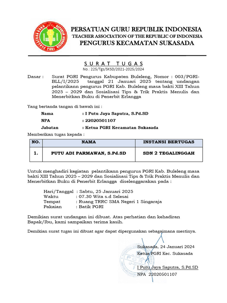 Surat Tugas mengikuti pelantikan pengurus PGRI kab buleleng | PDF