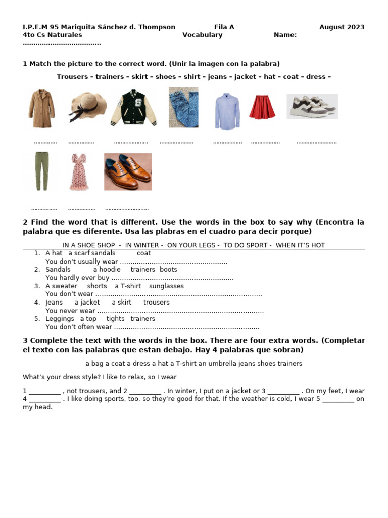 EXAMEN VOCABULARIO FILA A | PDF