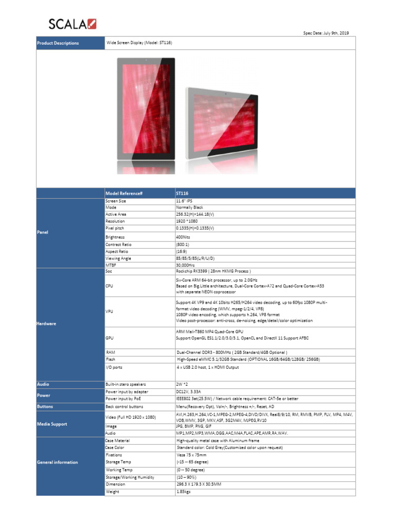 Scala - Wide Screen Display ST116 (IN) | PDF | Graphics Processing Unit | Film And Video Technology