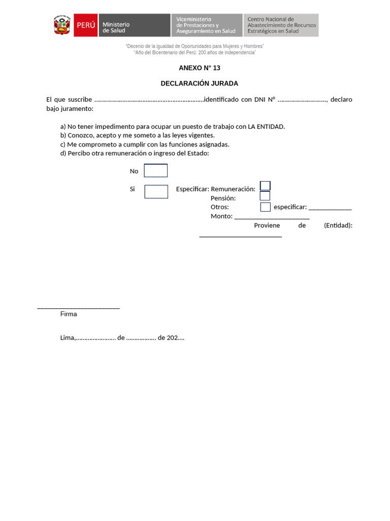 Anexo 13 Declaracion Jurada | PDF
