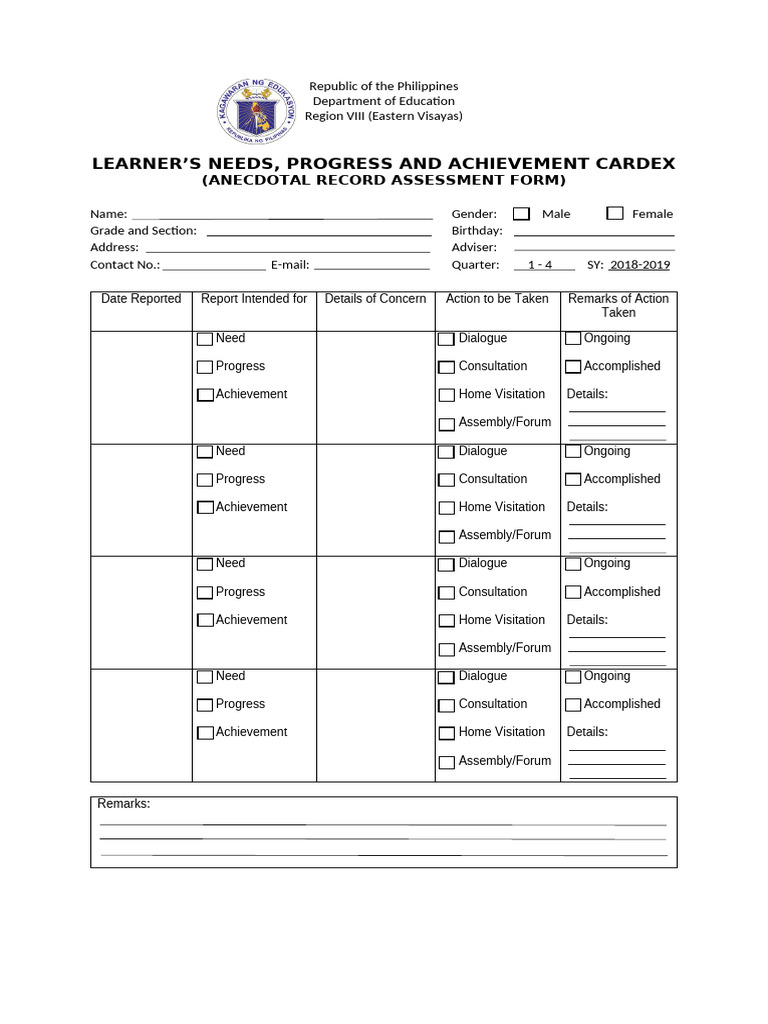 Learner Progress Cardex Form | PDF