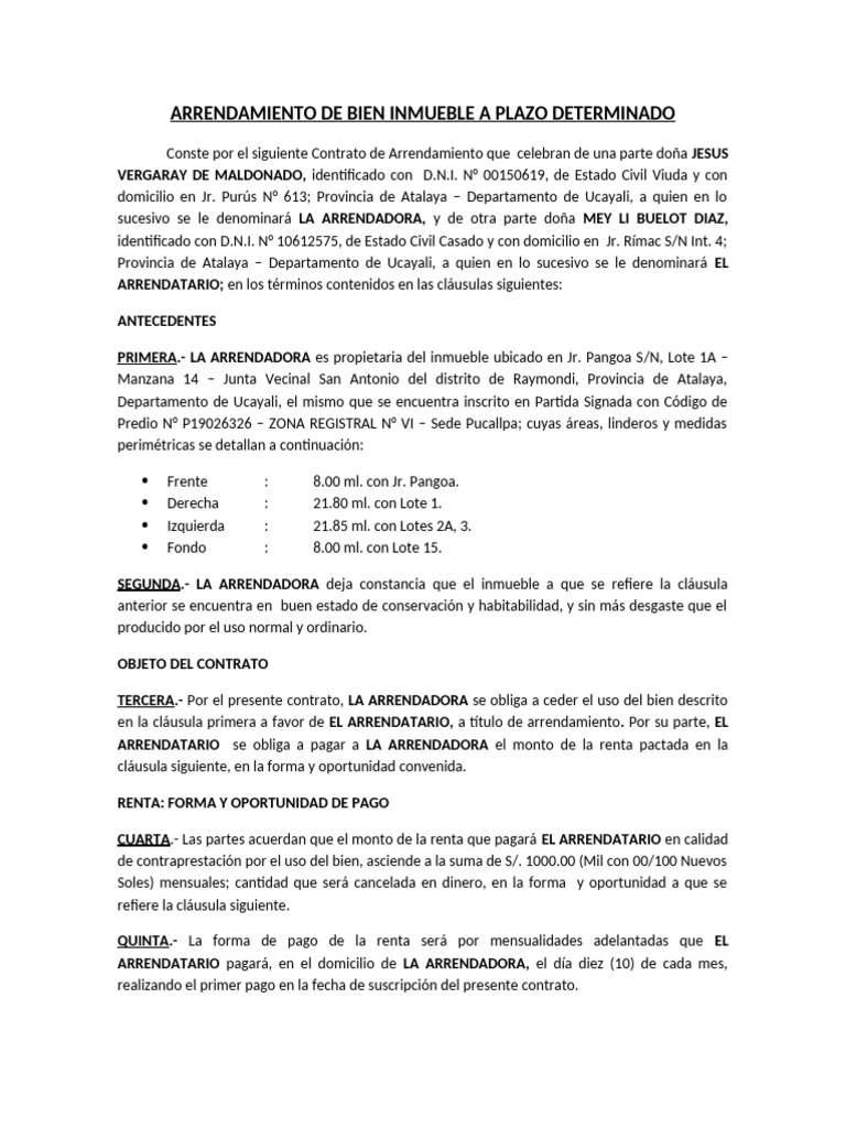 Arrendamiento de Bien Inmueble A Plazo Determinado | PDF