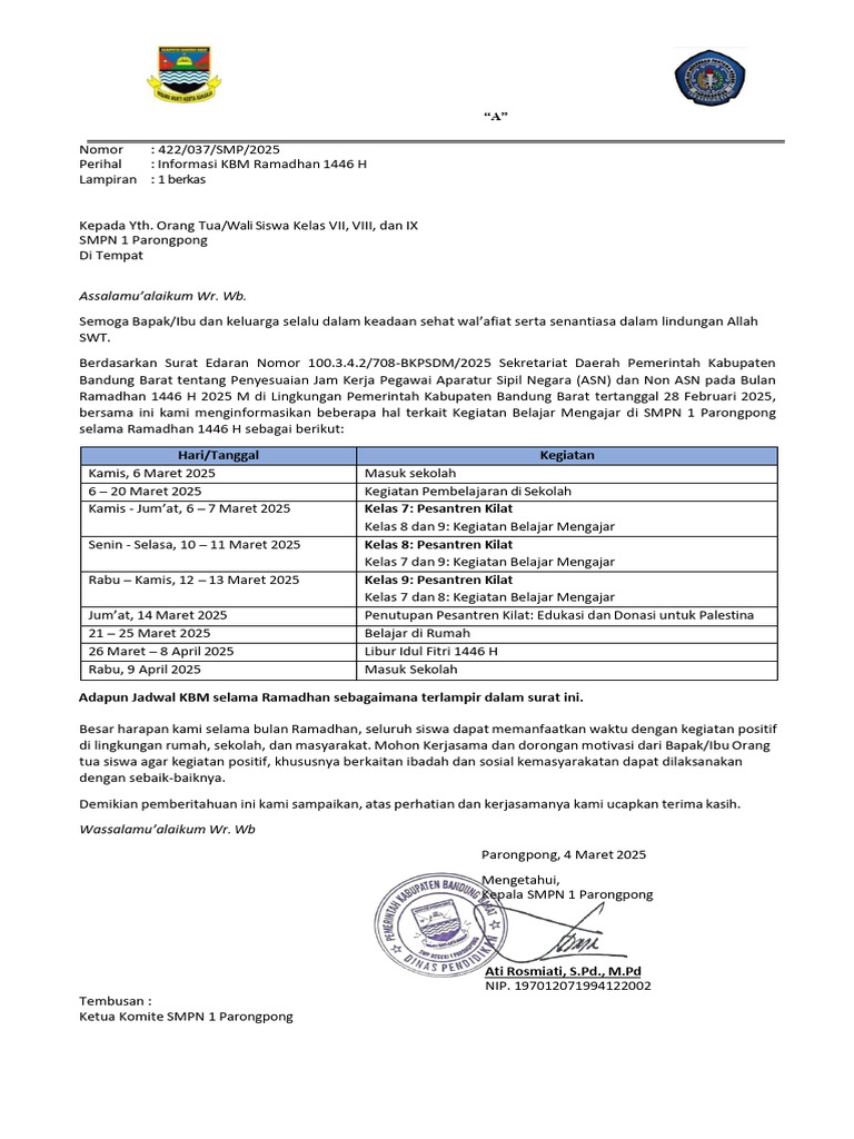 Pemberitahuan Jadwal KBM Ramadhan 1446 H | PDF