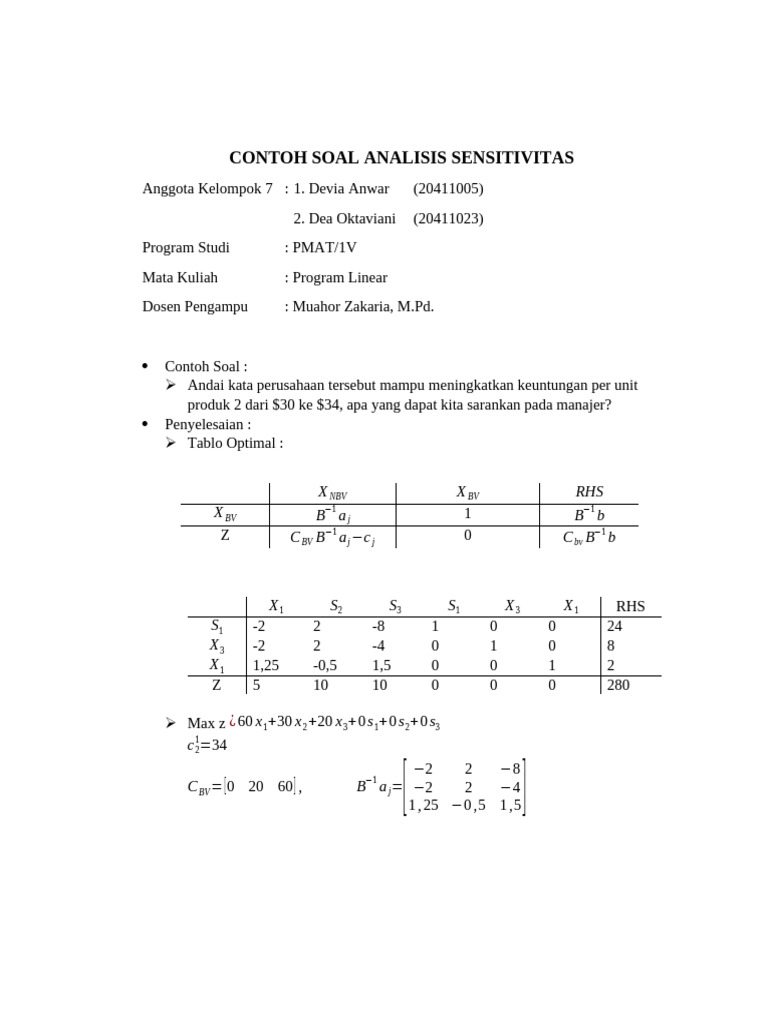 Contoh Soal Analisis Sensitivitas - Kelompok 7 - MK Program Linear | PDF
