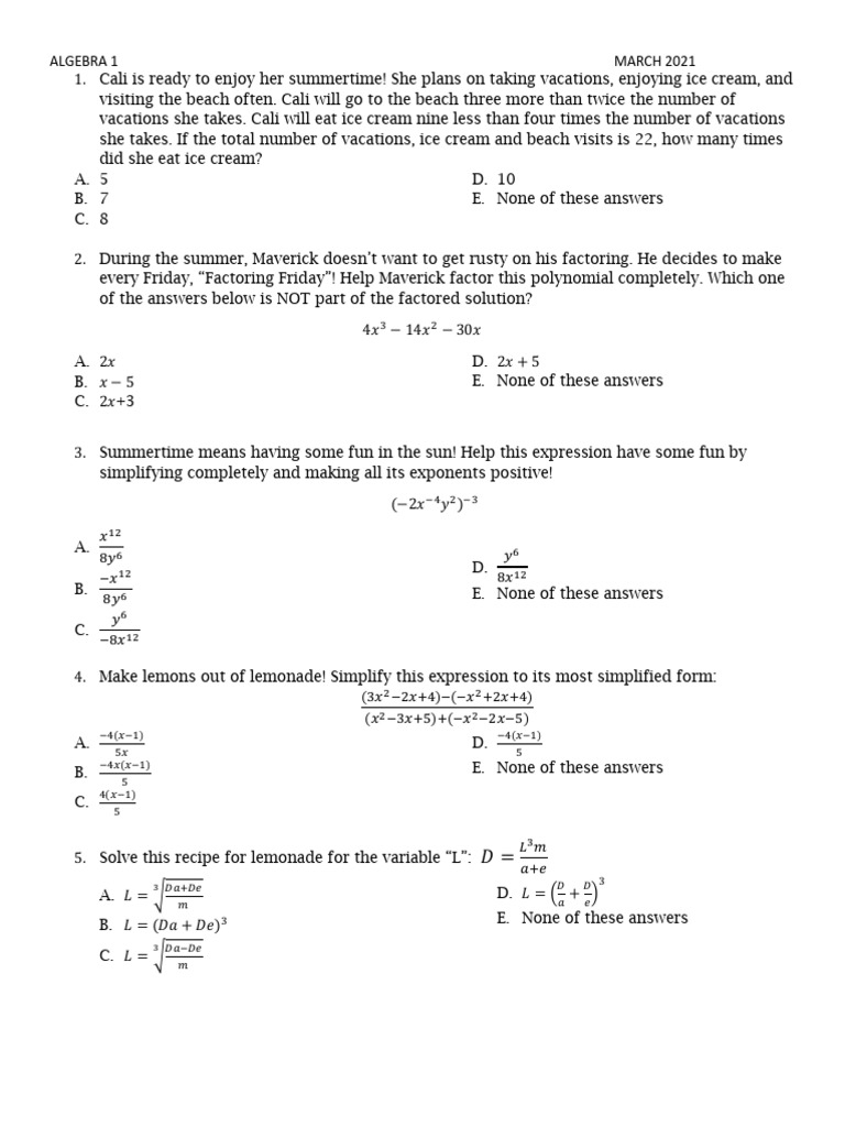 Algebra 1 Summer Problems and Solutions | PDF | Equations | Algebra