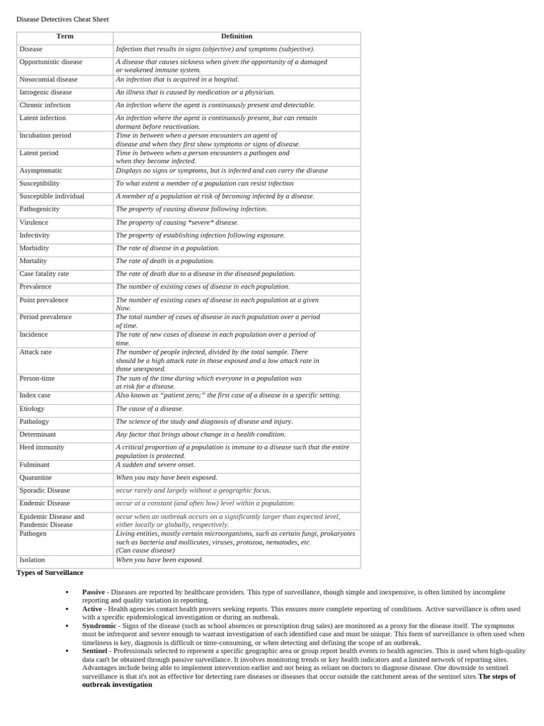 Disease Detectives Cheat Sheet | PDF | Infection | Epidemiology