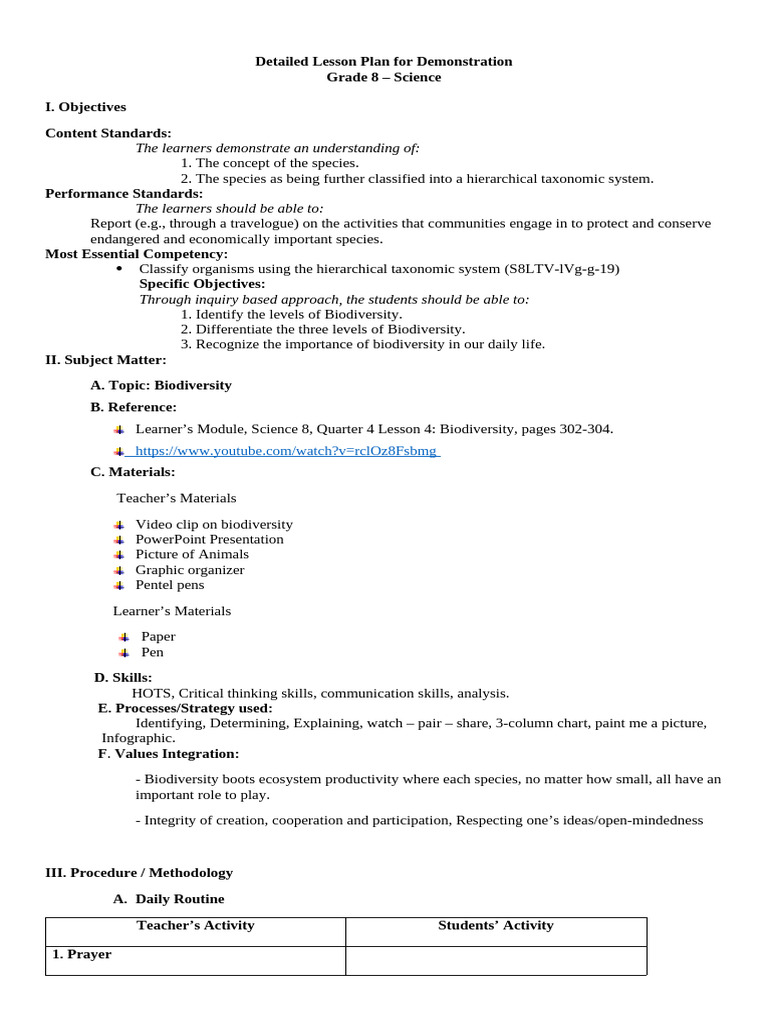 Grade 8 Science Lesson on Biodiversity | PDF | Biodiversity | Dominance ...