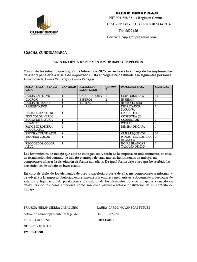 Acta de Entrega Elementos de Aseo y Papeleria Sala de Importados 2025 .Docx | PDF