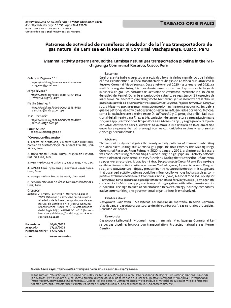Mamíferos y gasoducto en Machiguenga | PDF | Perú