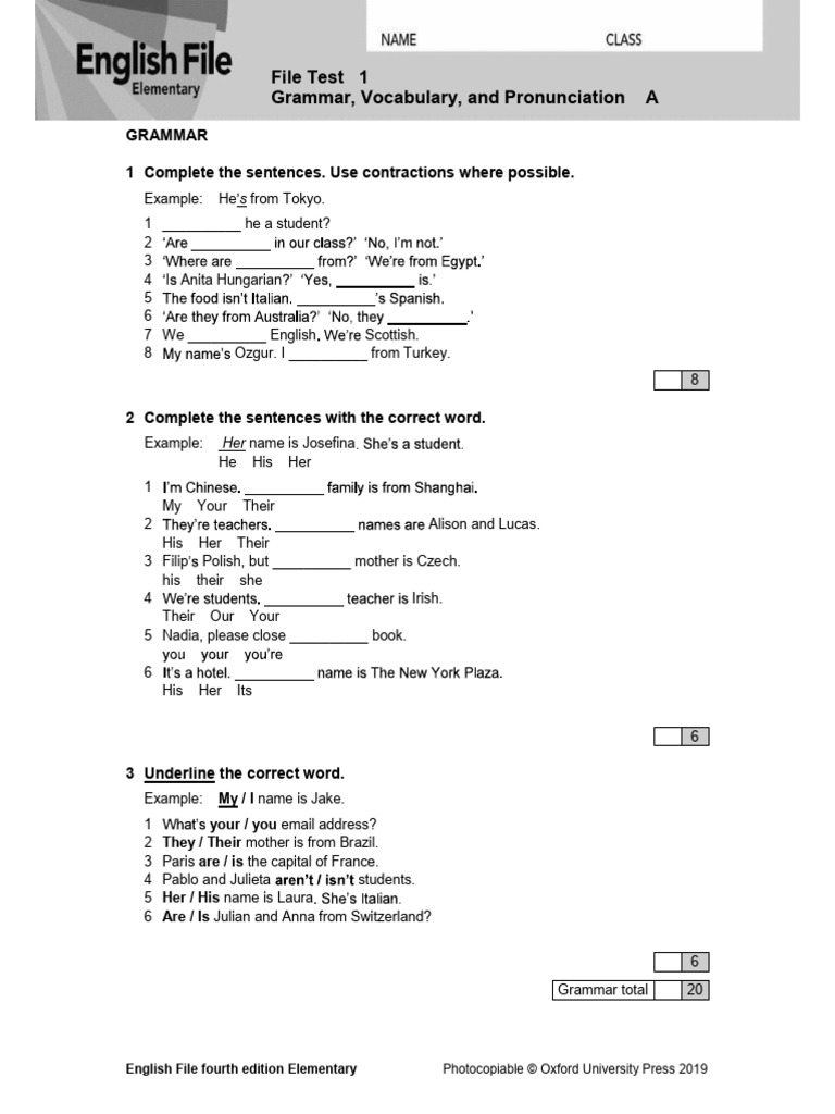 English File Elementary Test 1 PDF | PDF | English Language | Human ...