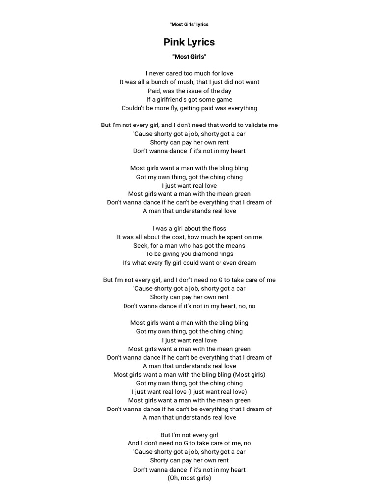 Pink - Most Girls Lyrics | PDF