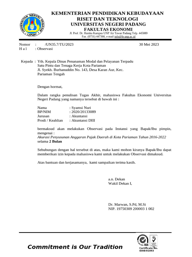 Surat Observasi, Penelitian, Permintaan Data - Syamsi Nuri - 20133089 | PDF
