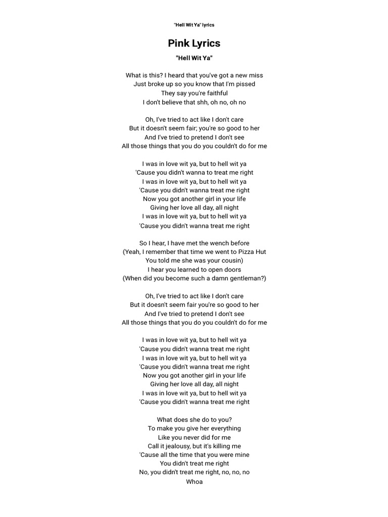 Pink - Hell Wit Ya Lyrics | PDF