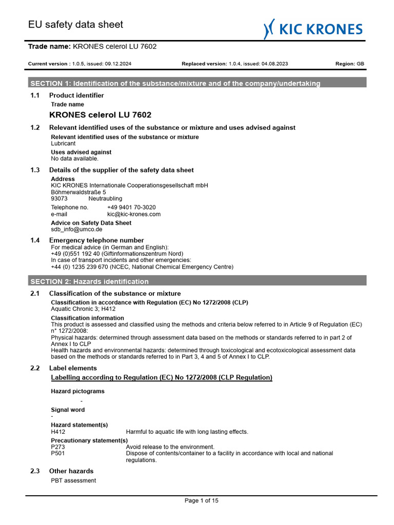 Krones Celerol Lu 7602 760808 GB en v-1.0.5 SDB | PDF | Toxicology ...