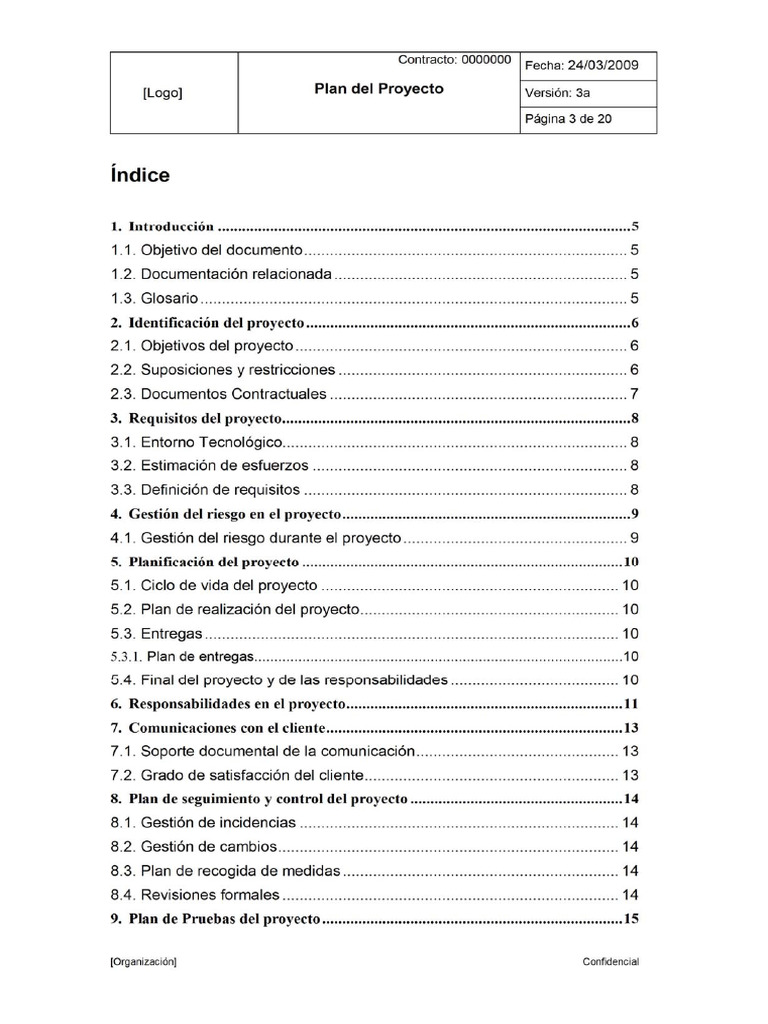 Indice de Contenidos - Ejemplo de Plan de Proyecto | PDF