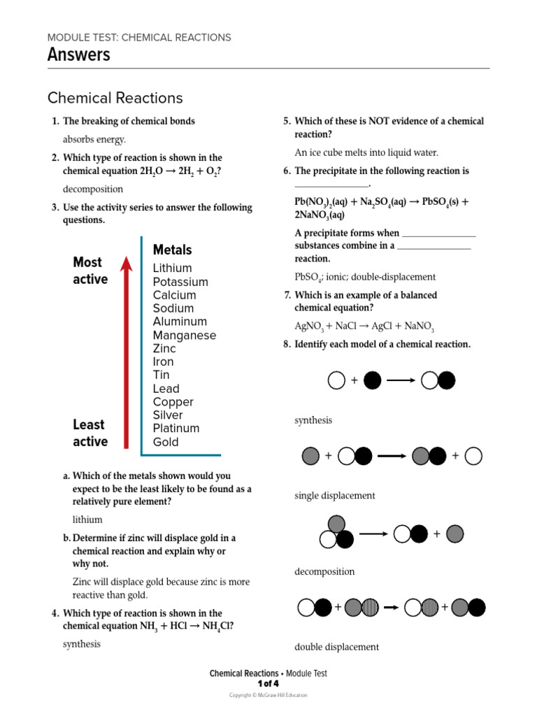 19 Module+Test+Answer+Key Chemical+Reactions | PDF | Chemical Reactions ...