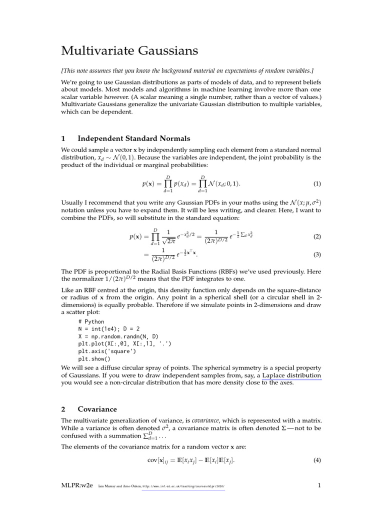 W2e Multivariate Gaussian | PDF | Normal Distribution | Covariance