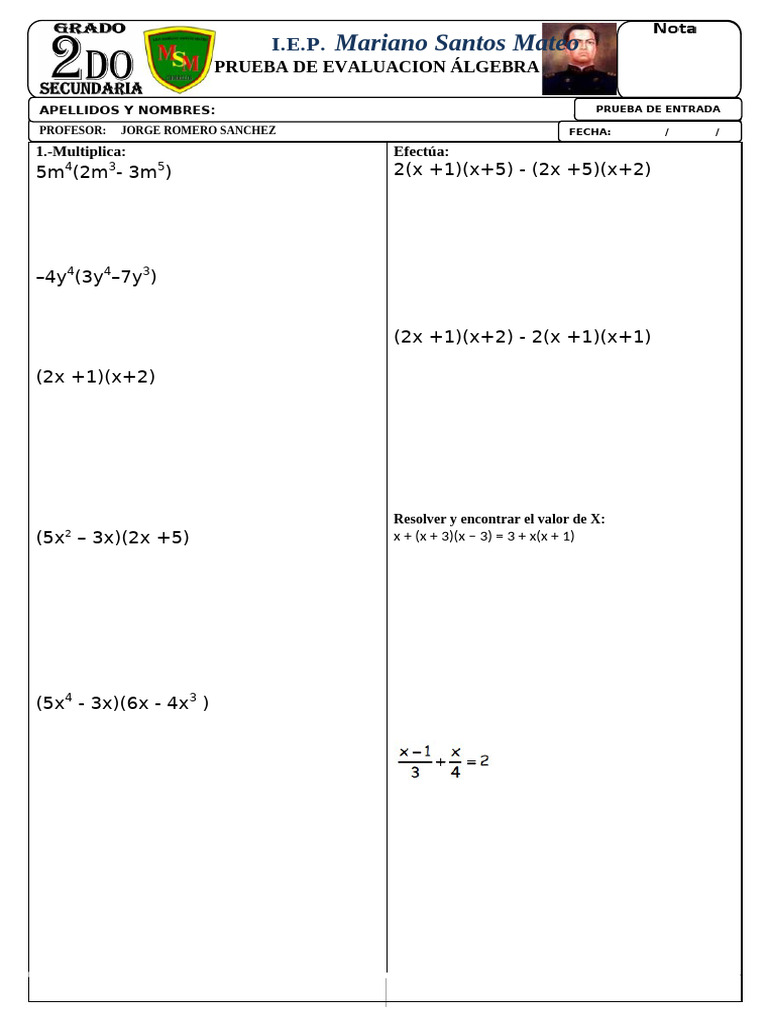 Examen Entradal de Algebra-2do Sec | PDF