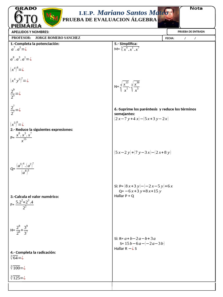Examen Entrada de Algebra-6to Prim | PDF