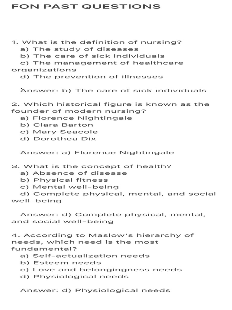 Fon Past Questions | PDF | Nursing | Hospital