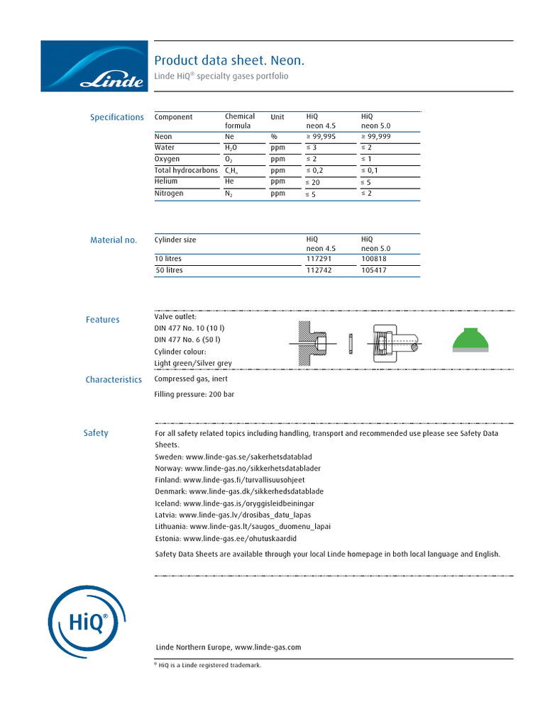 Linde HiQ Neon Gas Specifications | PDF