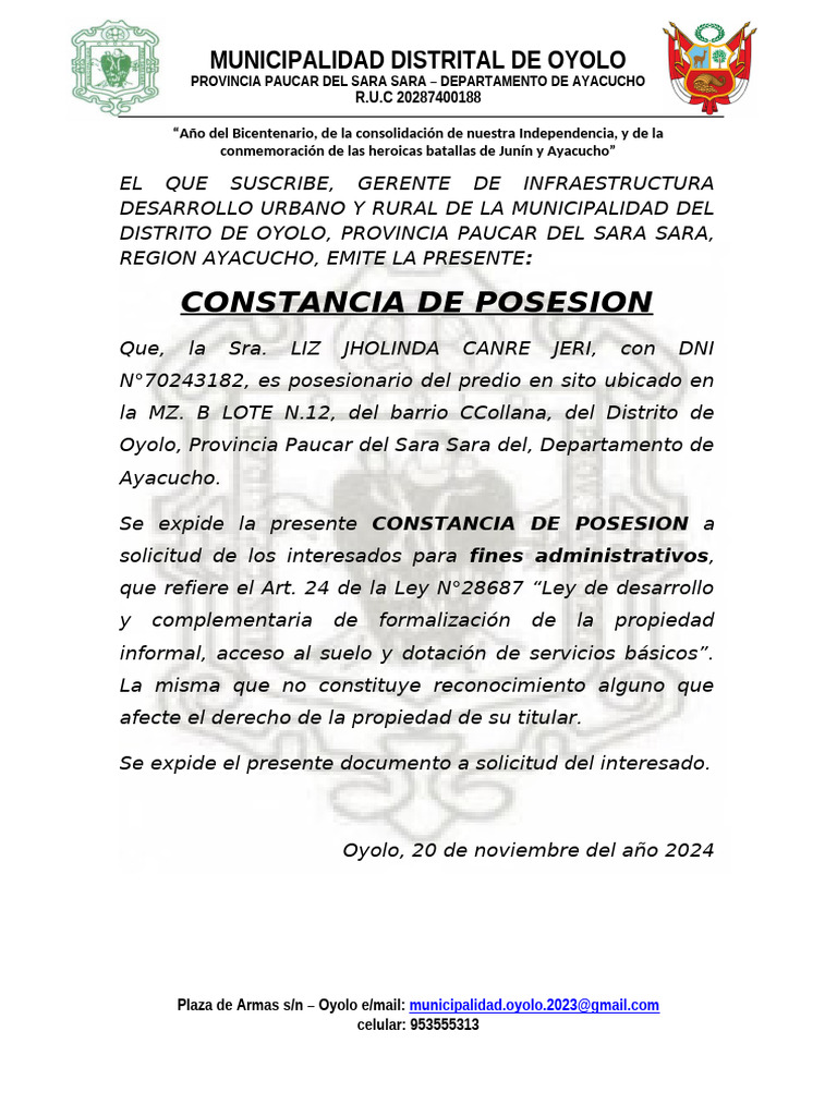 Imprimir Constancia de Posesion | PDF
