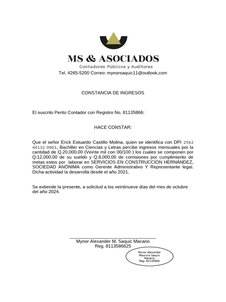 Modelo para Constancia de Ingresos PERITO CONTADOR | PDF