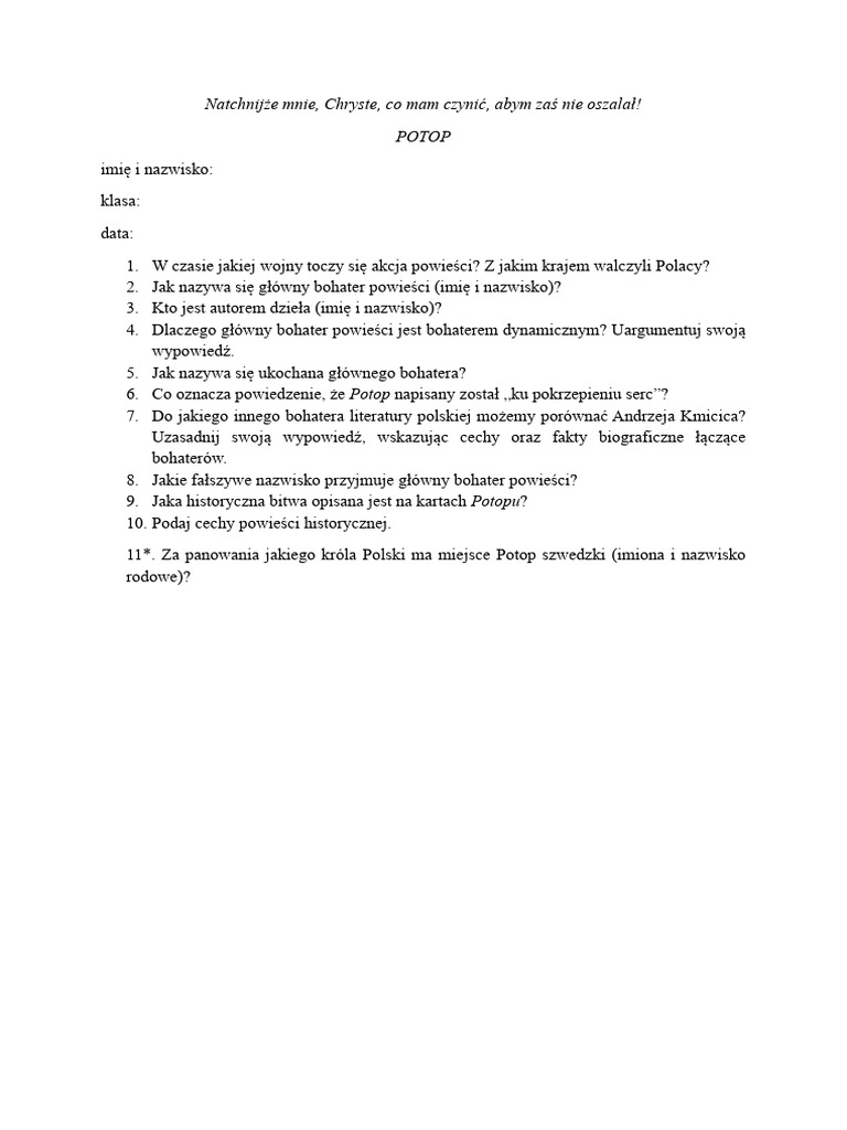 Potop - Kartkówka | PDF