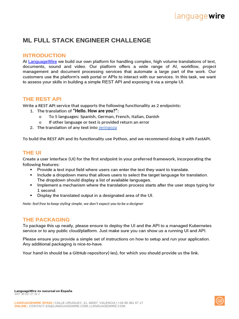 ML Full Stack Engineer Challenge | PDF | User Interface | Software Engineering