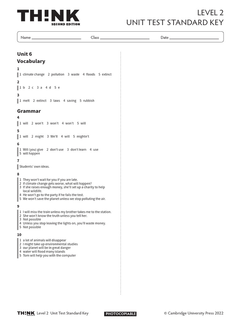 Thk2e BrE L2 Unit Test Standard Answer Key 6 | PDF