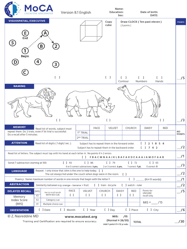MoCA 8.1 English Test 2020 | PDF