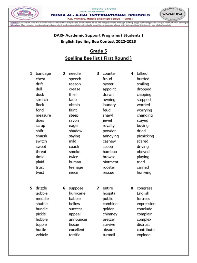 Grade 5 Spelling Bee Word List 2023 | PDF