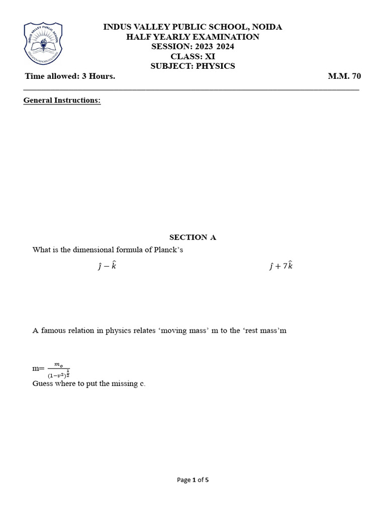 Class XI Physics Half-Yearly Exam 2023-24 | PDF | Force | Momentum