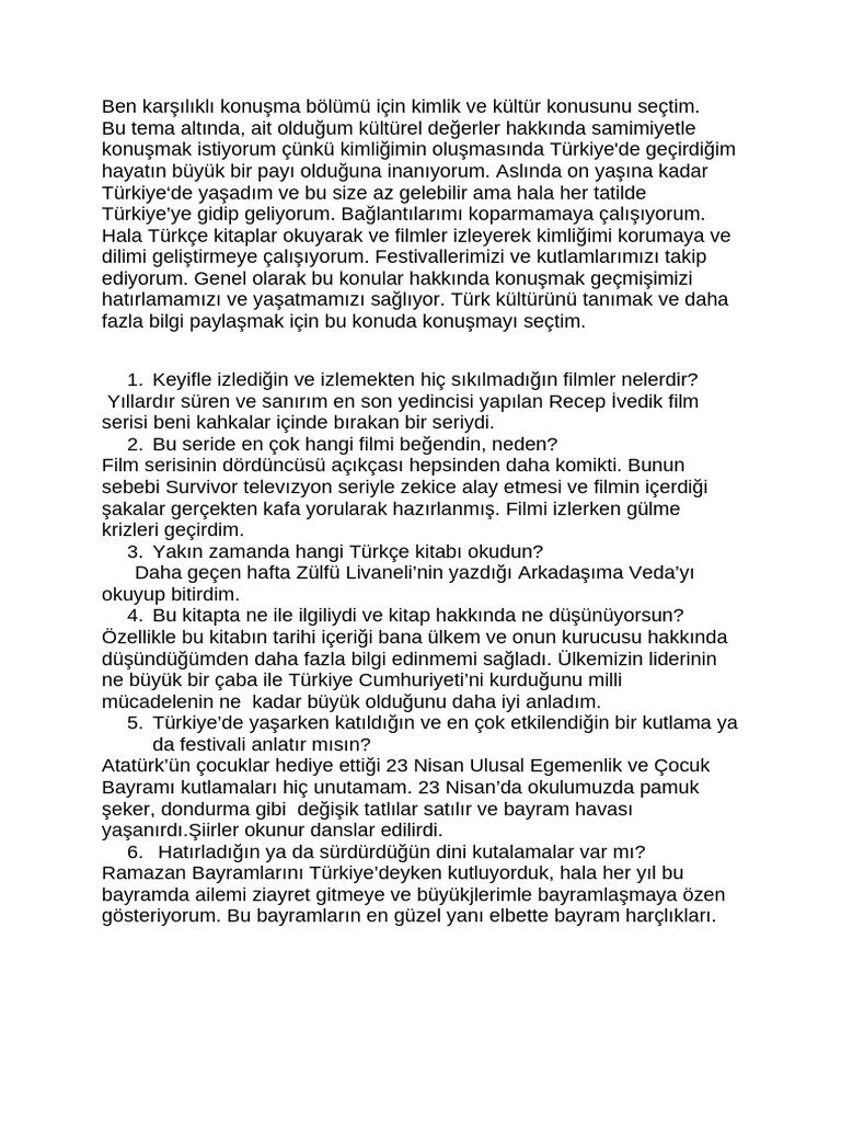 Turkish Gcse Speaking Prep | PDF