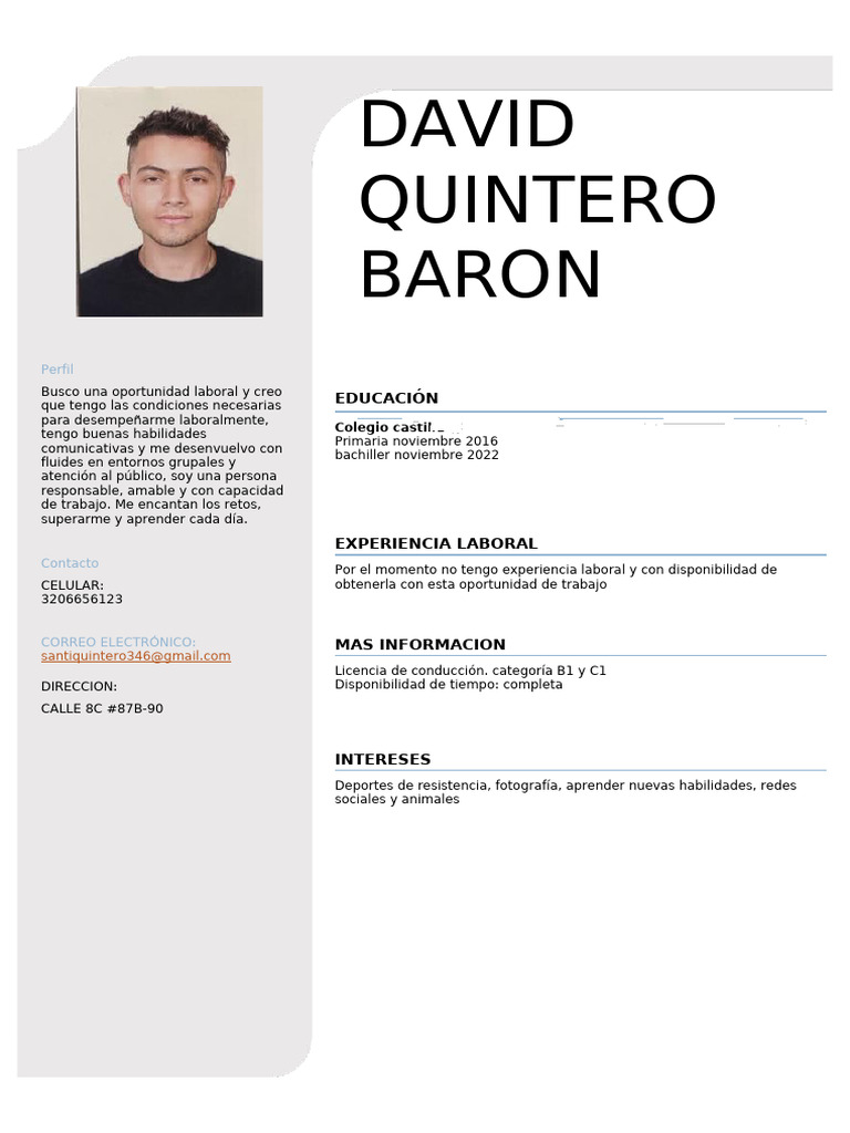 David Quintero Baron Hoja de Vida | PDF
